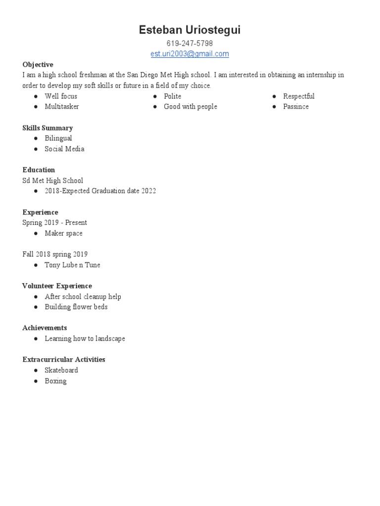 High School Resume - Sample 2018-2019 | PDF