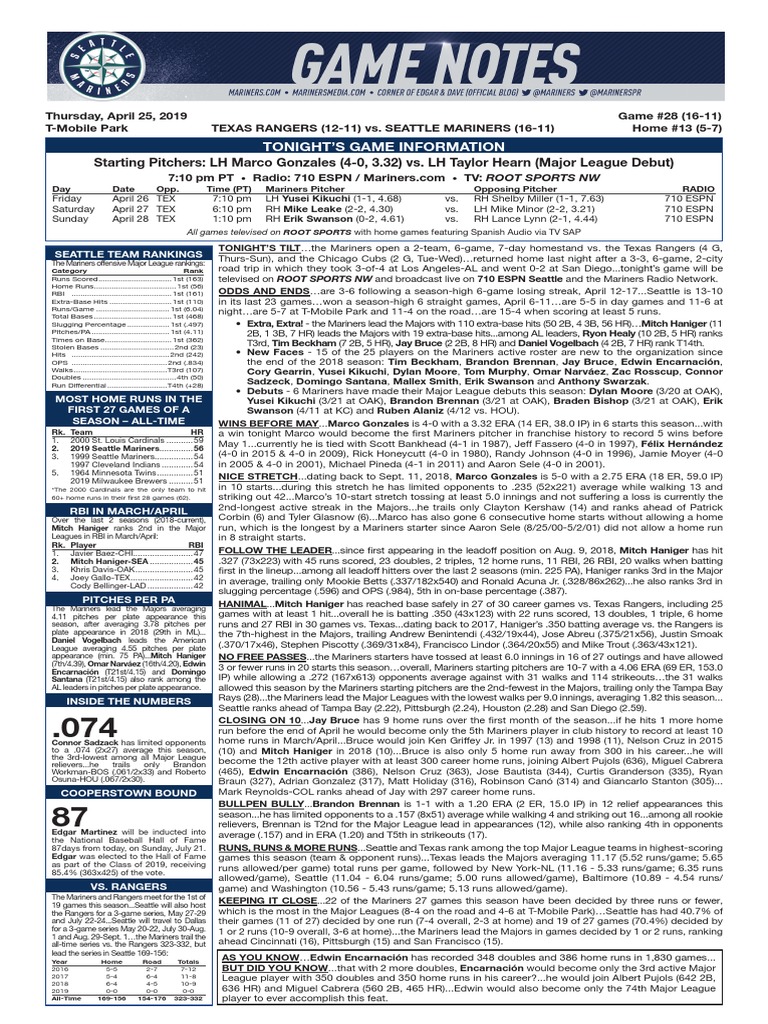 Tonight'S Game Information: Starting Pitchers: LH Marco Gonzales (4-0, 3.32) vs. LH Taylor Hearn ...