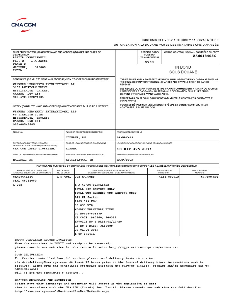 Noa - Cmacgm - Notice of Arrival - Cma CGM Orfeo - 0tu6in1ma ...