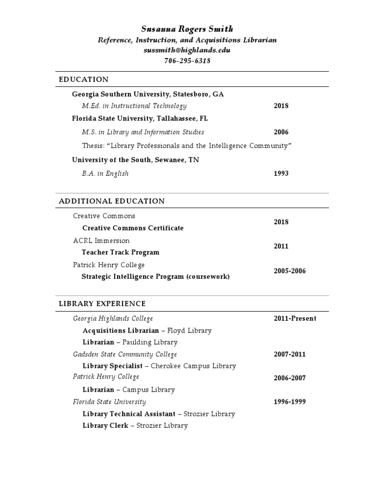 Susanna Rogers Smith CV April 2019 | PDF | Libraries | Web Conferencing