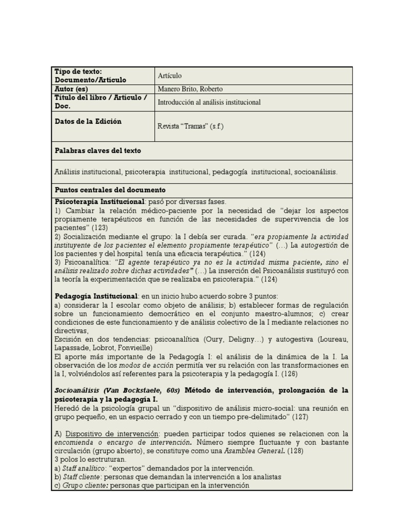 Roberto Manero - Introducción Al Análisis Institucional - Ficha | PDF ...