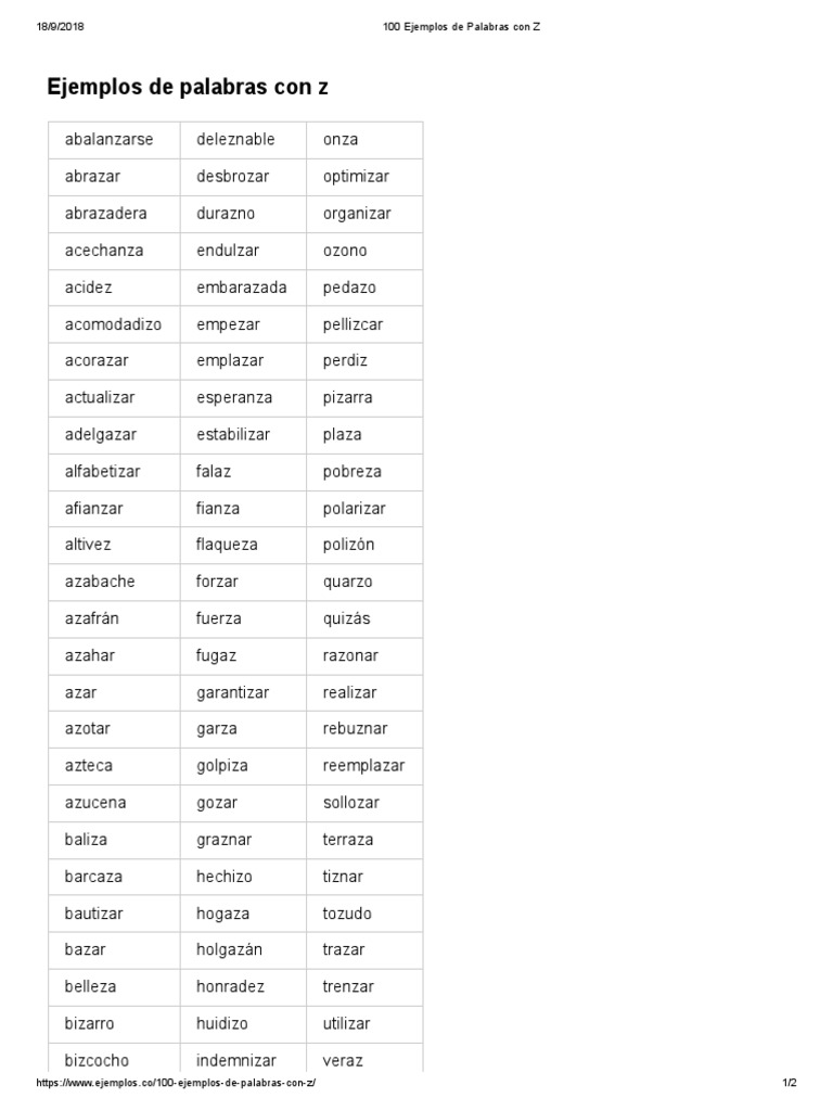 100 Ejemplos de Palabras Con Z PDF | PDF