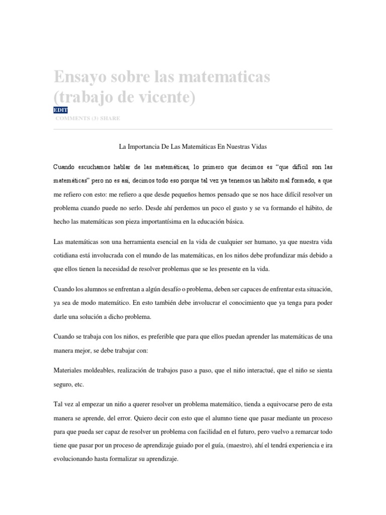 Ensayo Sobre Las Matematicas | PDF | Geometría | Enseñanza de matemática Ensayo Sobre Las Matematicas | PDF | Geometría | Enseñanza de matemática