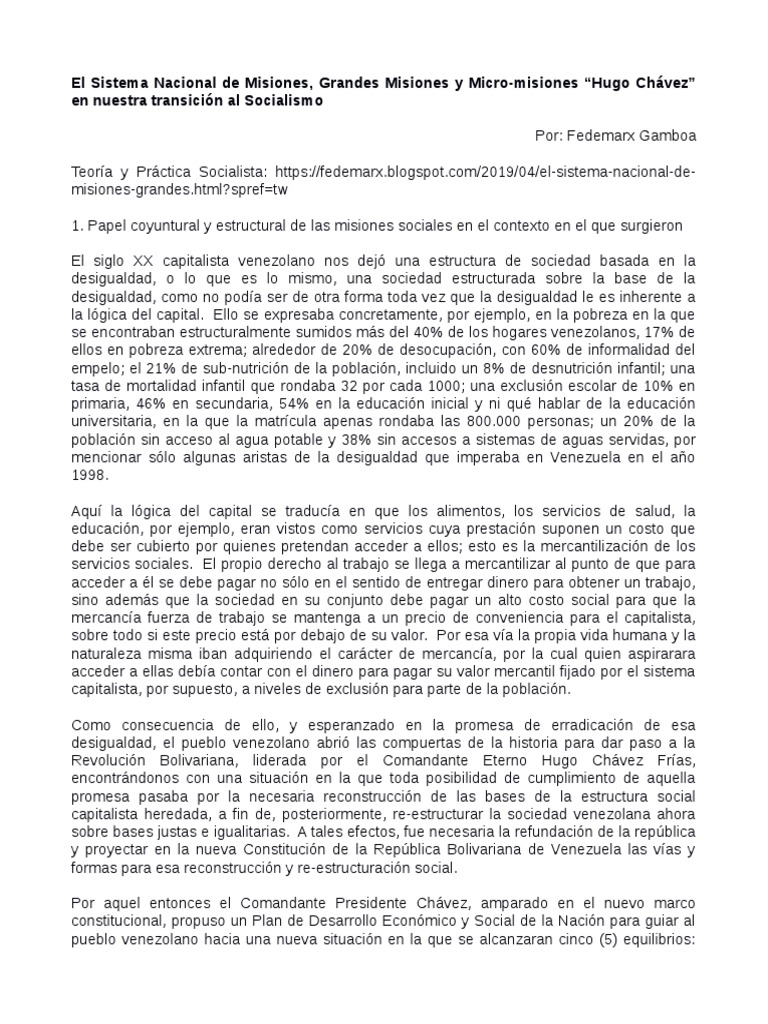El Sistema Nacional de Misiones, Grandes Misiones y Micro-Misiones "Hugo Chávez" en Nuestra ...
