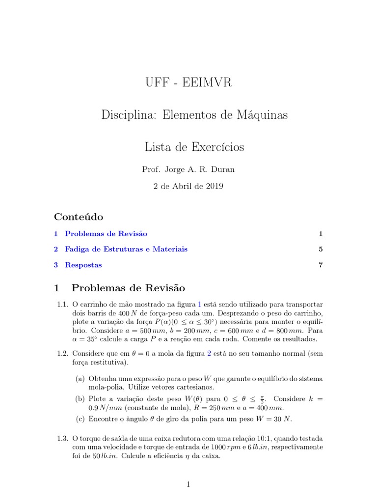 Lista de Exercicios Elem Maq | PDF | Estresse (Mecânica) | Quantidade