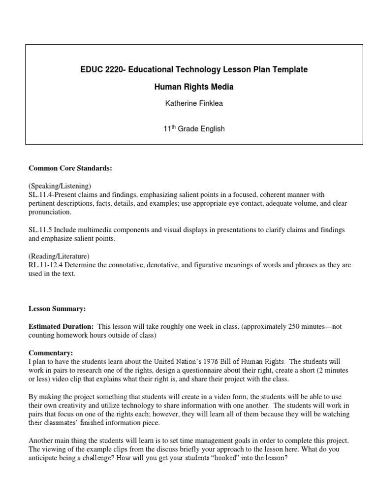 EDUC2220 Finklea Lesson Plan Assignment 12 13 | PDF | Homework | Teachers