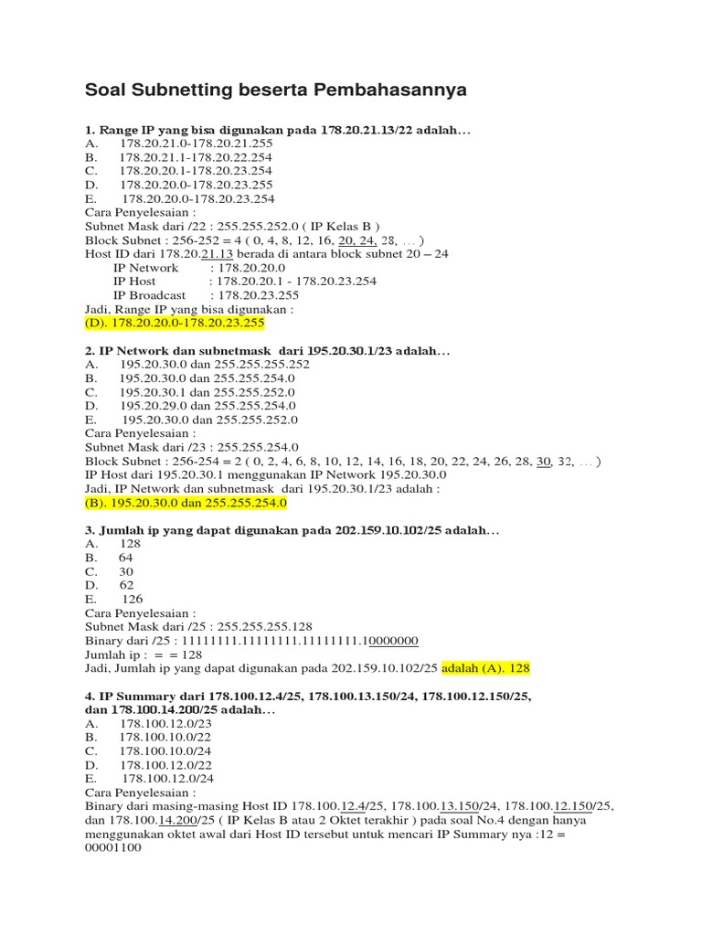 Soal Subnetting Beserta Pembahasannya | PDF
