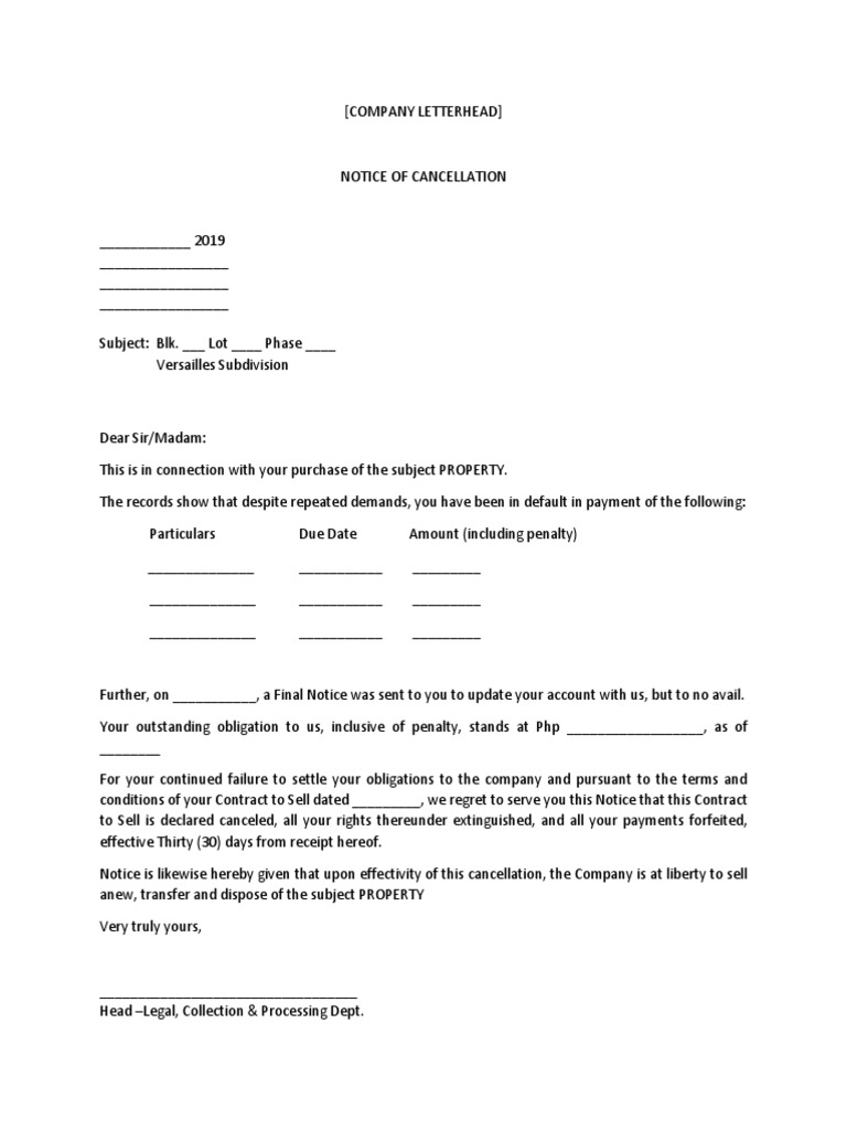 Notice of Cancellation - Template | PDF