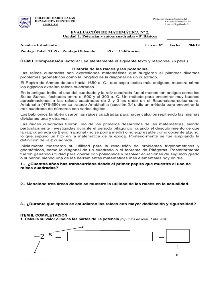 Evaluación Unidad 2. Matemática 8º Básicos - Números Racionales y Potencias (Recuperado ...