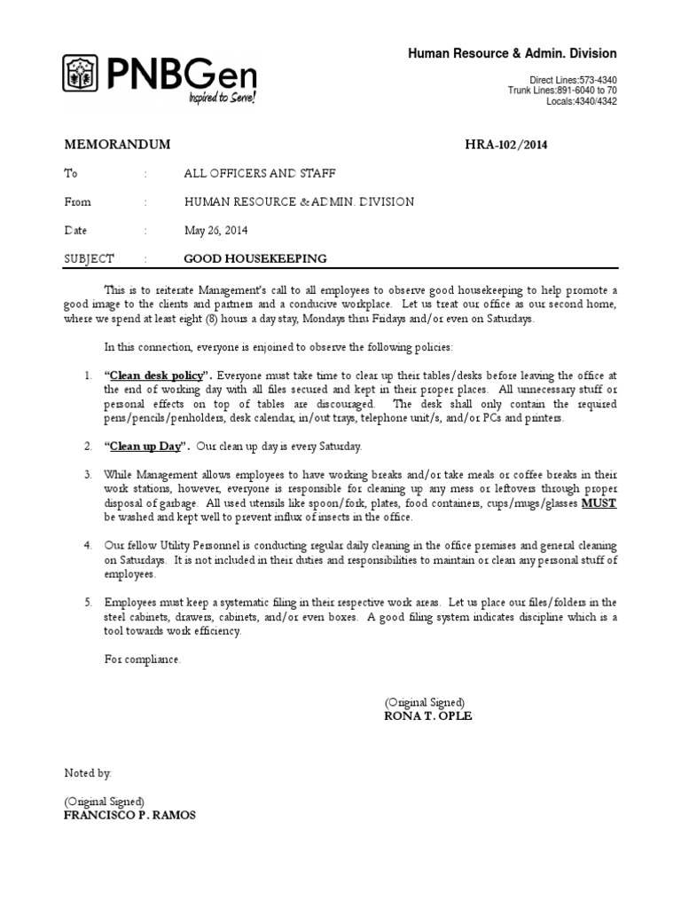 Good Housekeeping Policy Memo | PDF