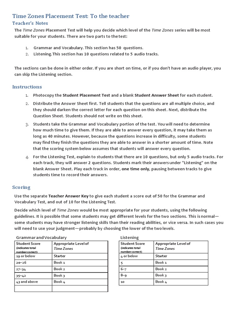 Time Zones Placement Test: To The Teacher | PDF | Multiple Choice ...
