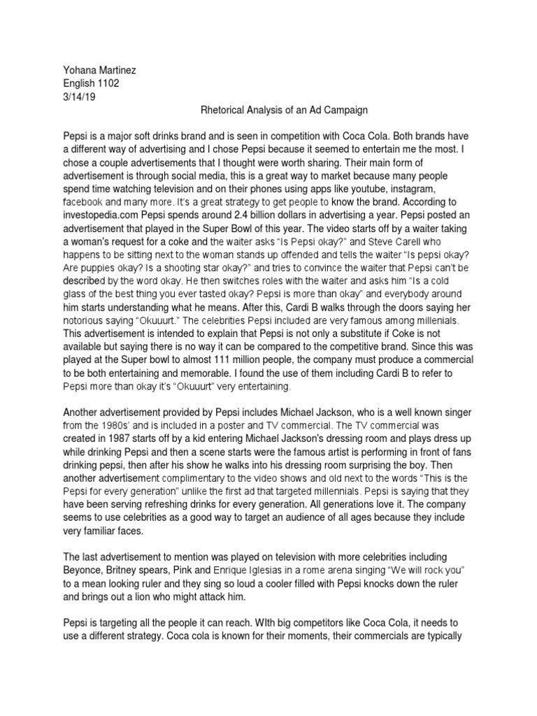 Rhetorical Analysis of An Ad Campaign 3 | PDF | Pepsi | Coca Cola