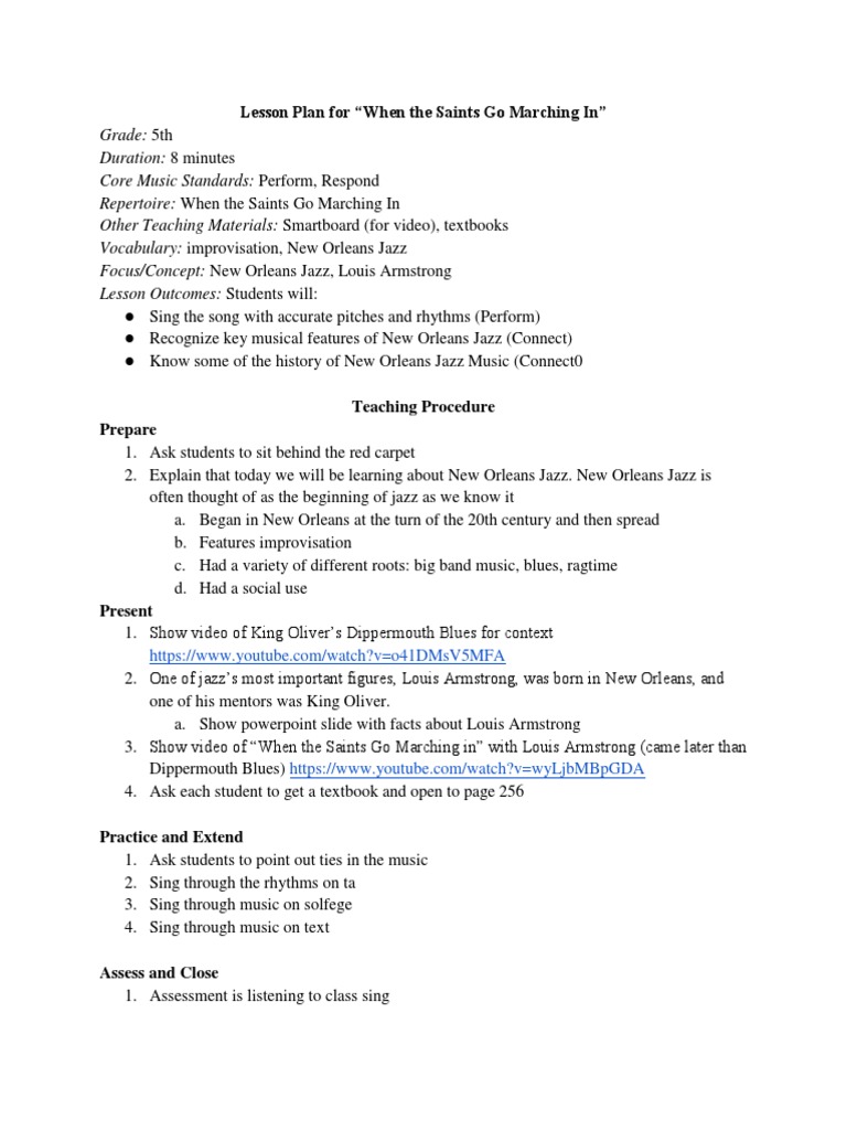 Lesson Plan For "When The Saints Go Marching In" | PDF | Jazz | When ...