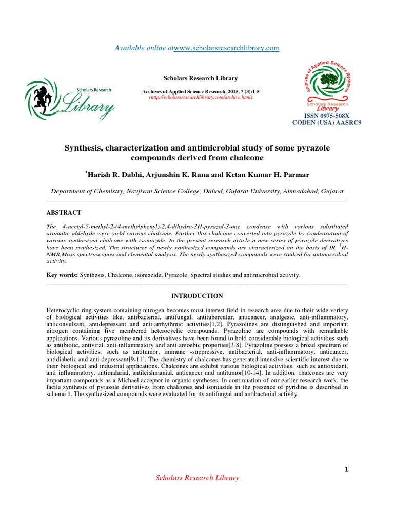 Synthesis Characterization and Antimicrobial Study of Some Pyrazole ...