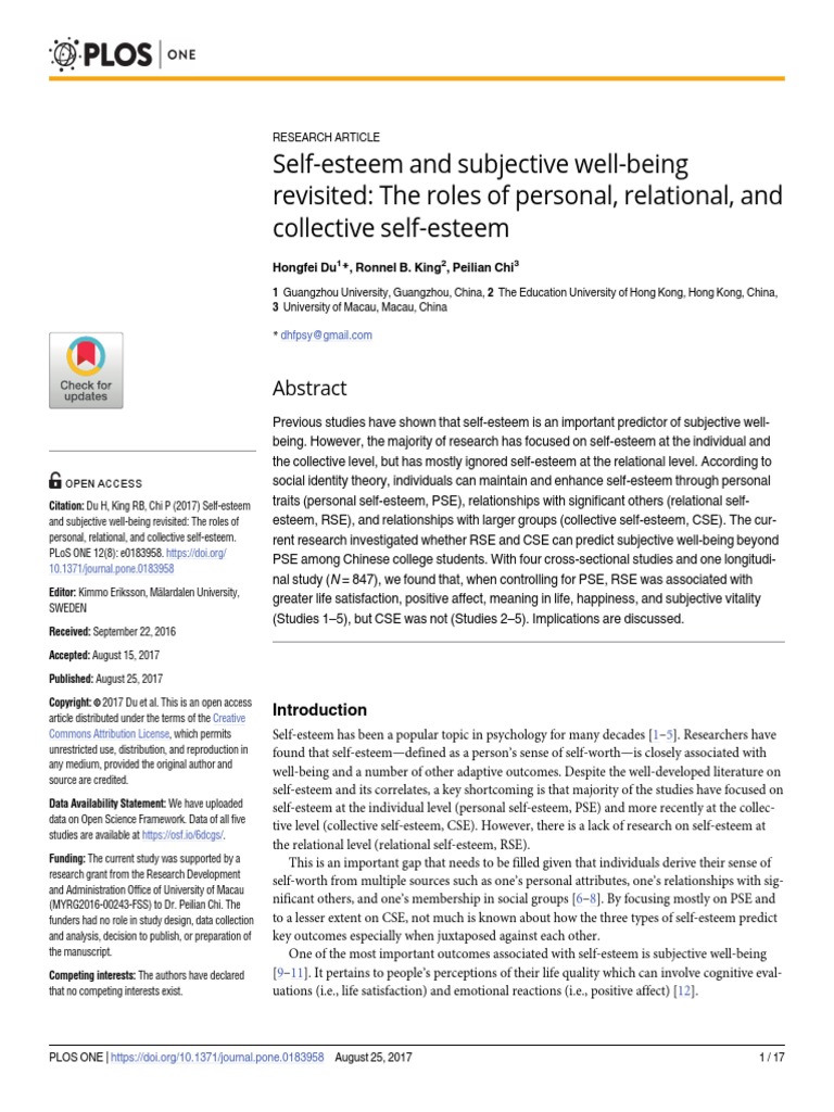 Self-Esteem and Subjective Well-Being Revisited: The Roles of Personal ...