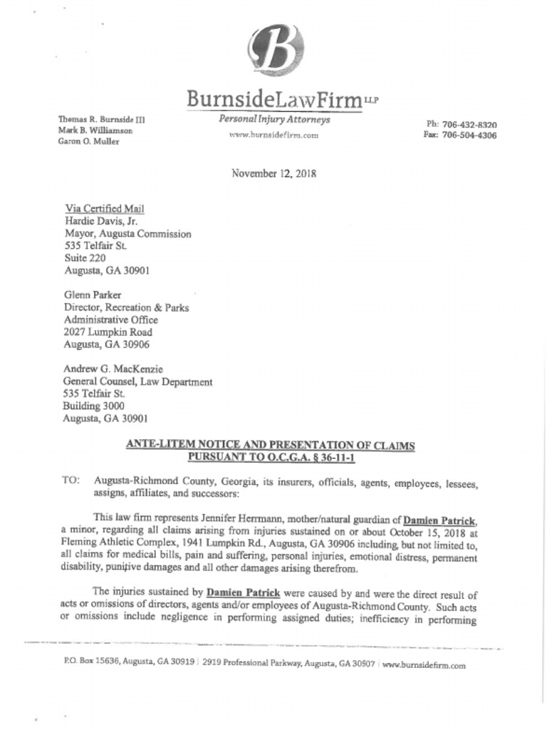 Ante-Litem Notice Filed Against Augusta-Richmond County | PDF