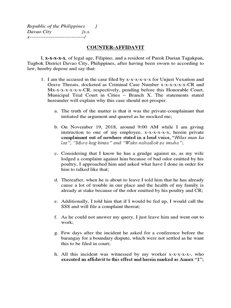Counter-Affidavit in Grave Threat Case | PDF | Affidavit | Summary Judgment
