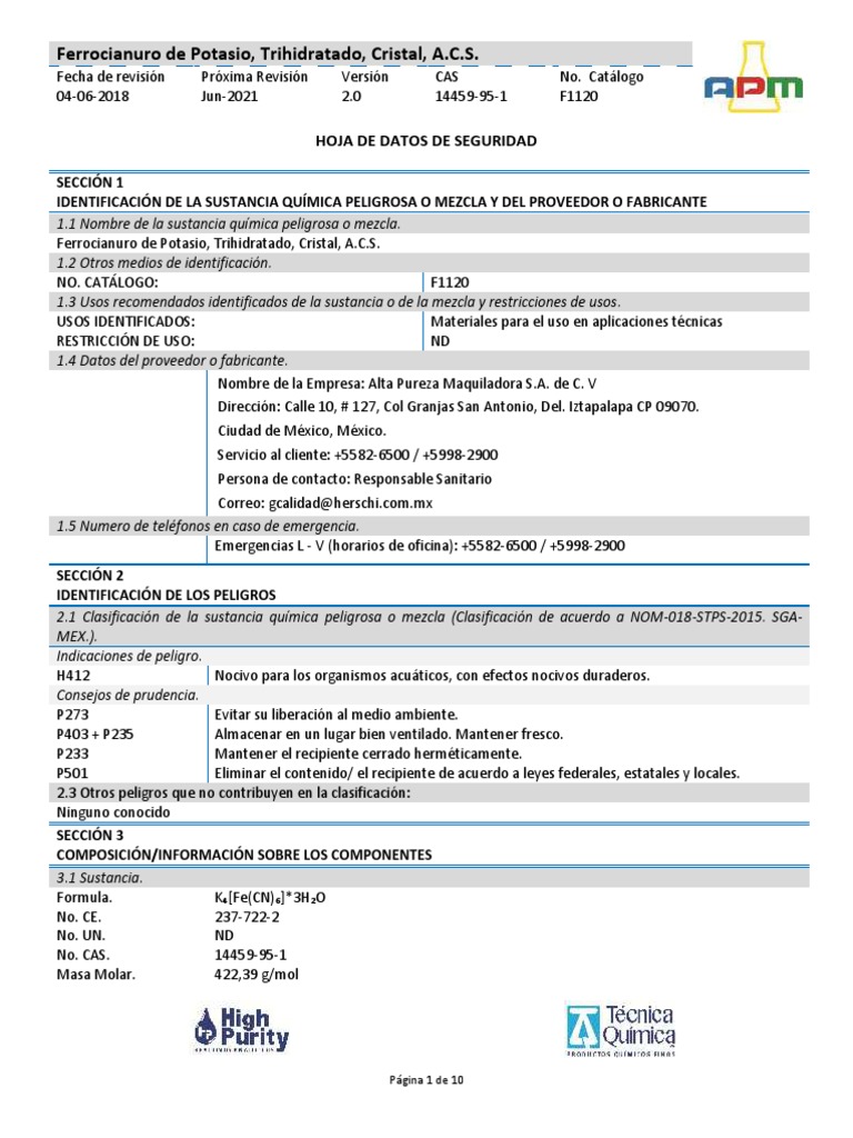 Hs Ferrocianuro de Potasio Trihidratado Cristal A C S 205 | PDF ...