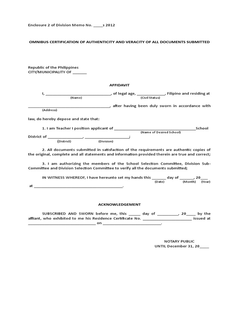 Omnibus Certification of Authenticity and Veracity of All Documents Submitted | PDF | Affidavit ...