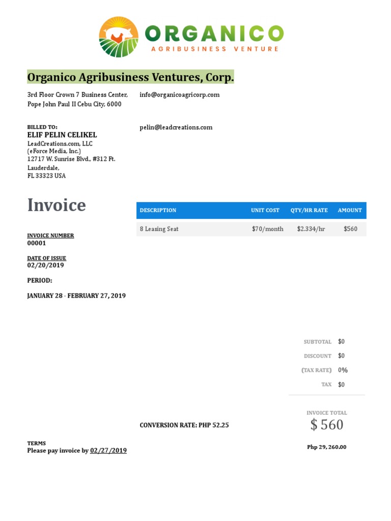 Invoice: Organico Agribusiness Ventures, Corp | PDF
