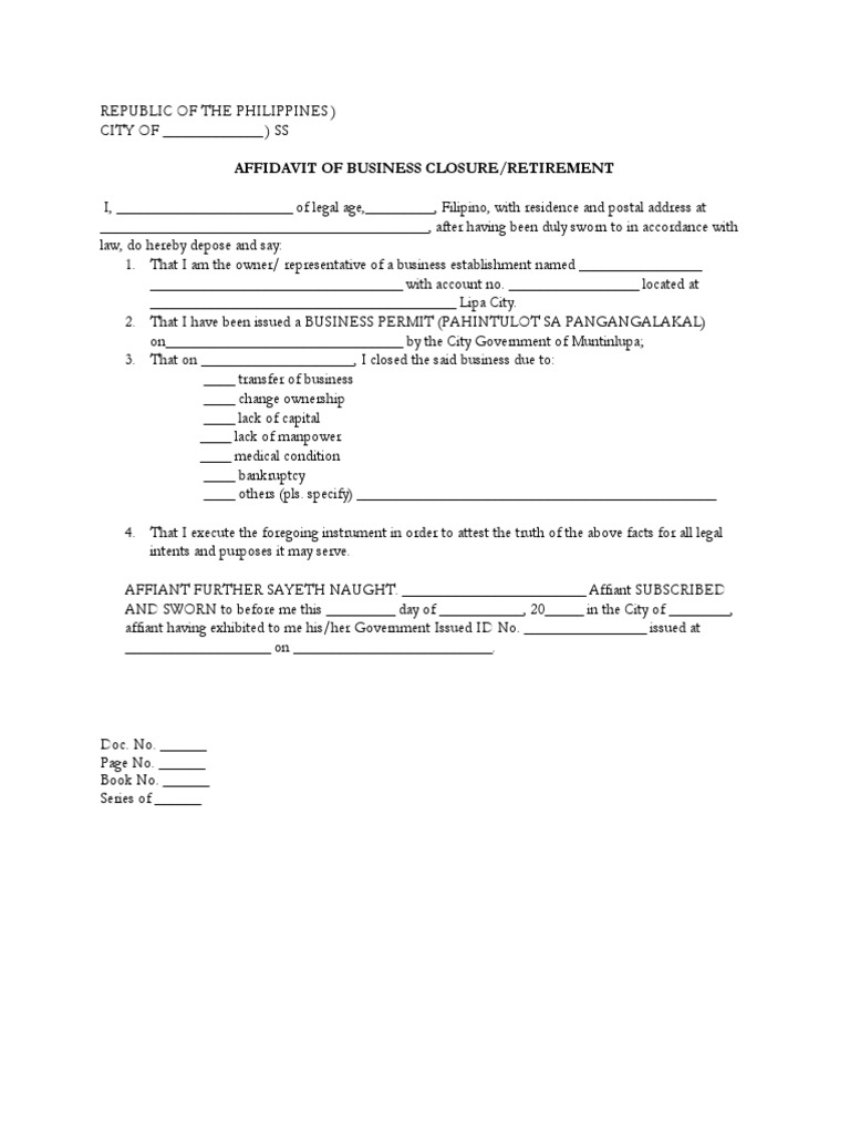 Affidavit of Business Closure Sample | PDF | Legal Communication ...