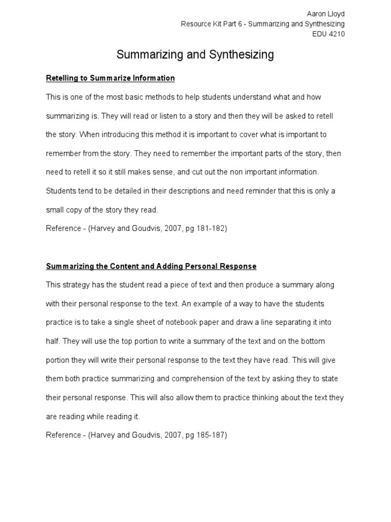 Summarizing and Synthesizing Strategies | PDF | Reading Comprehension ...