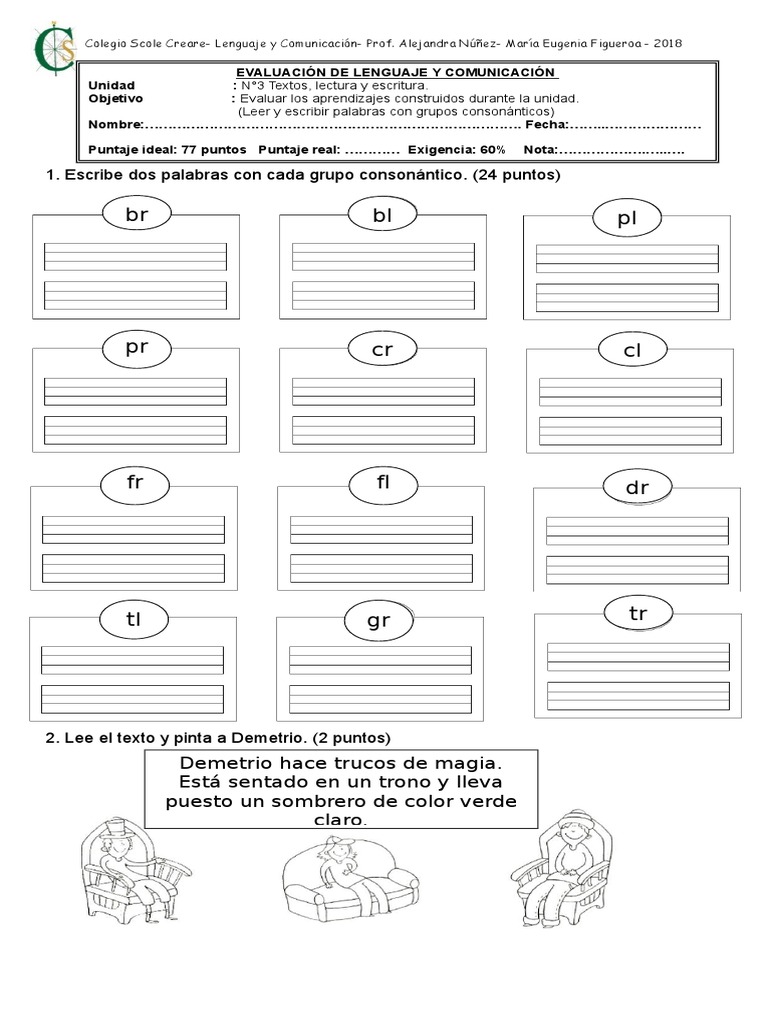Evaluación Grupos Consonánticos | PDF | Artes del Lenguaje y ...