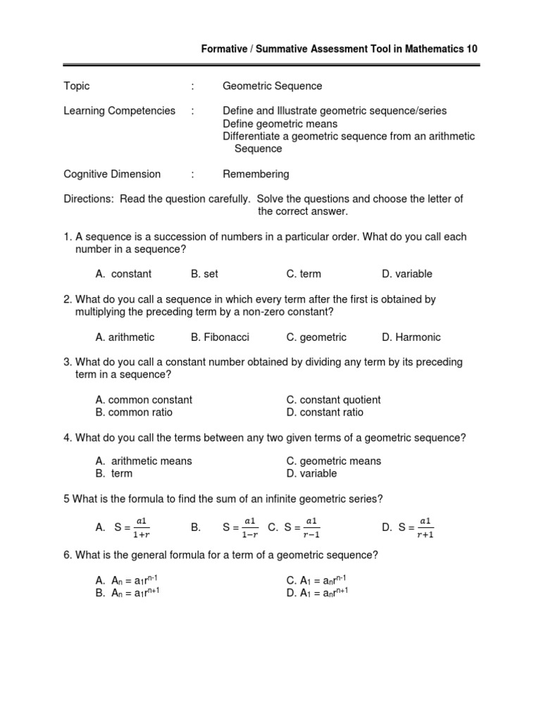 Formative / Summative Assessment Tool in Mathematics 10: N 1 n-1 1 N n ...