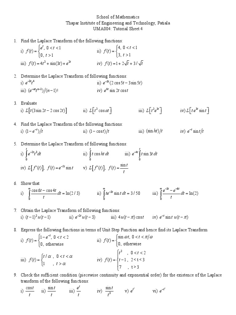 Tute Sheet 04 UMA004 | PDF | Laplace Transform | Trigonometric Functions