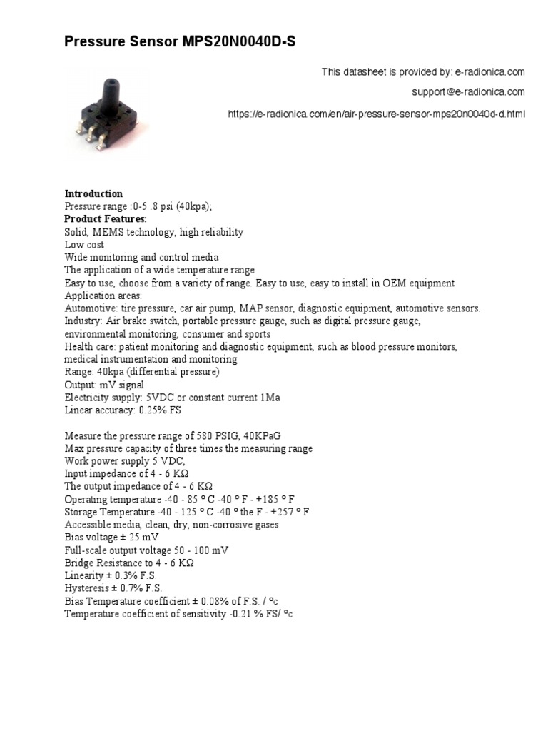Pressure Sensor MPS20N0040D-S: Product Features | PDF | Science ...