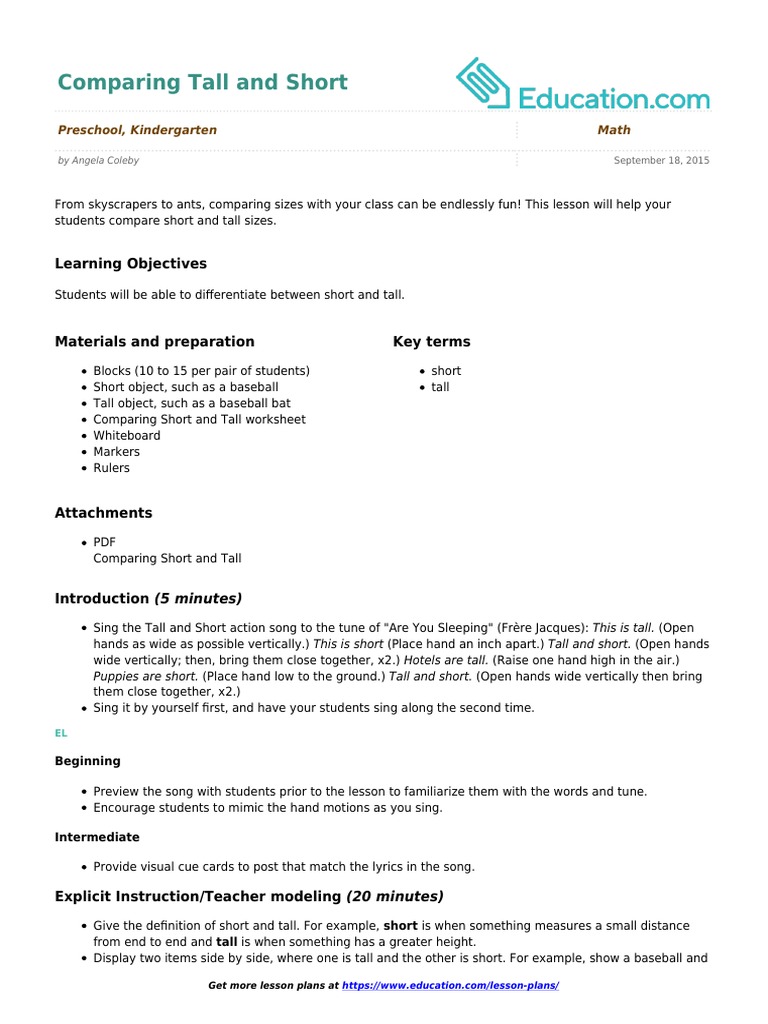 Comparing Heights: A Preschool Lesson on Tall and Short Sizes | PDF ...