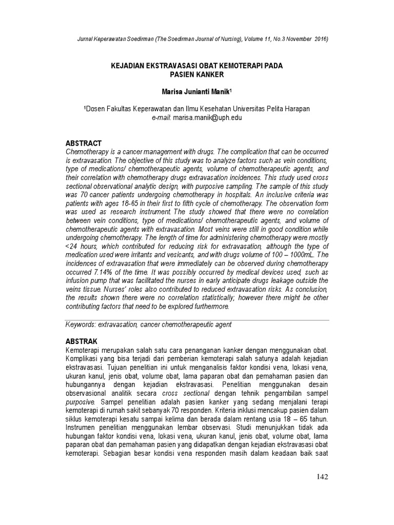 Kejadian Ekstravasasi Obat Kemoterapi Pada Pasien Kanker | PDF | Chemotherapy | Intravenous Therapy