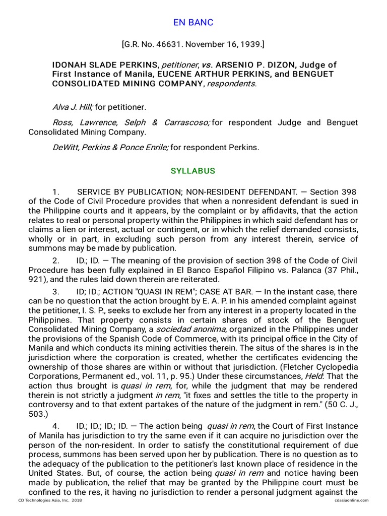 Quasi In Rem Jurisdiction in Perkins Case | PDF | Service Of Process ...