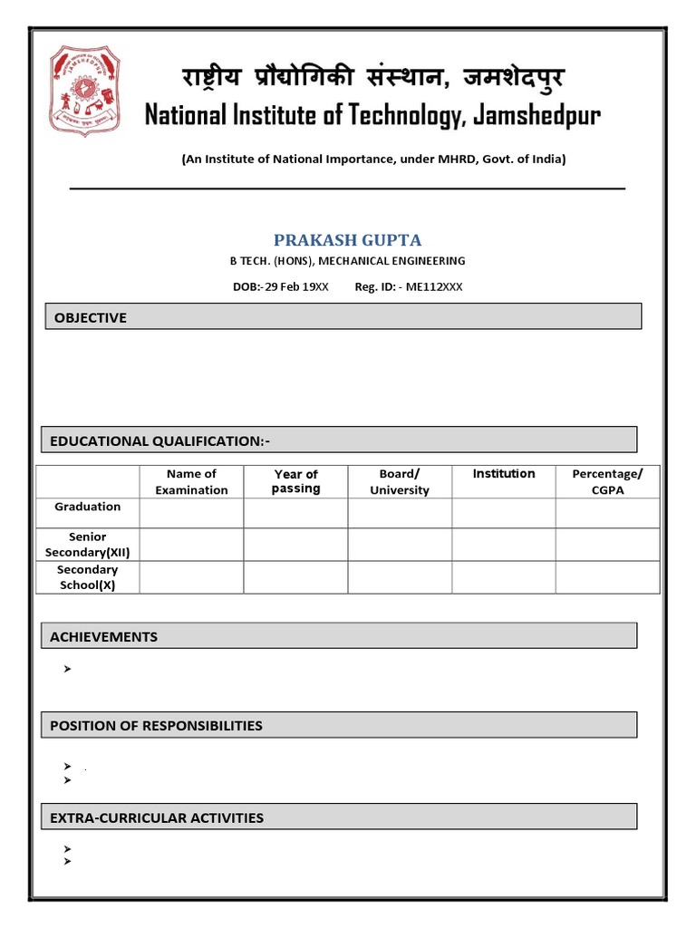 Standard CV Format Template | PDF