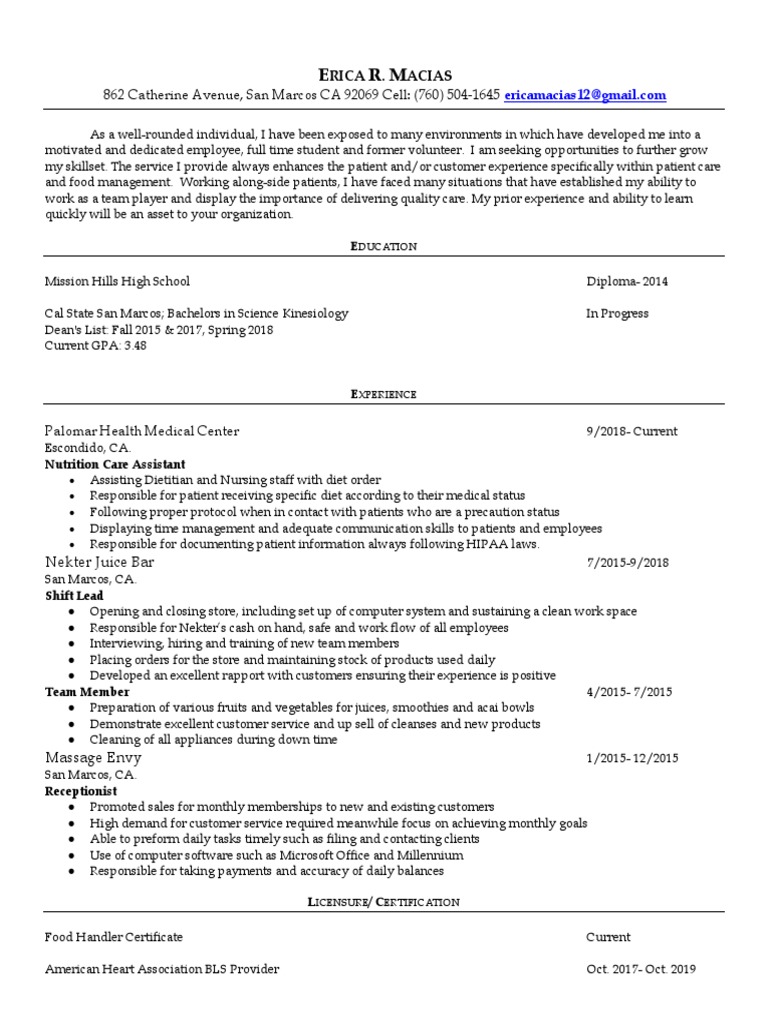 Erica Macias Resume 1 2019 | PDF | Patient | Hospital