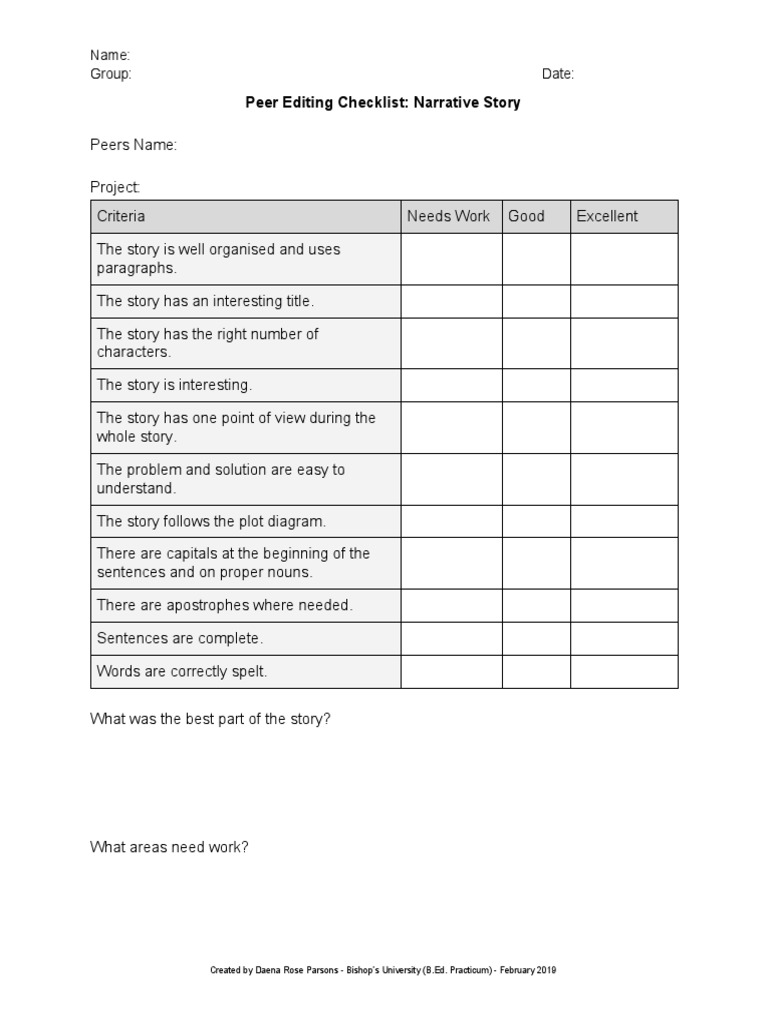 Peer Editing Checklist Narrative Story | PDF