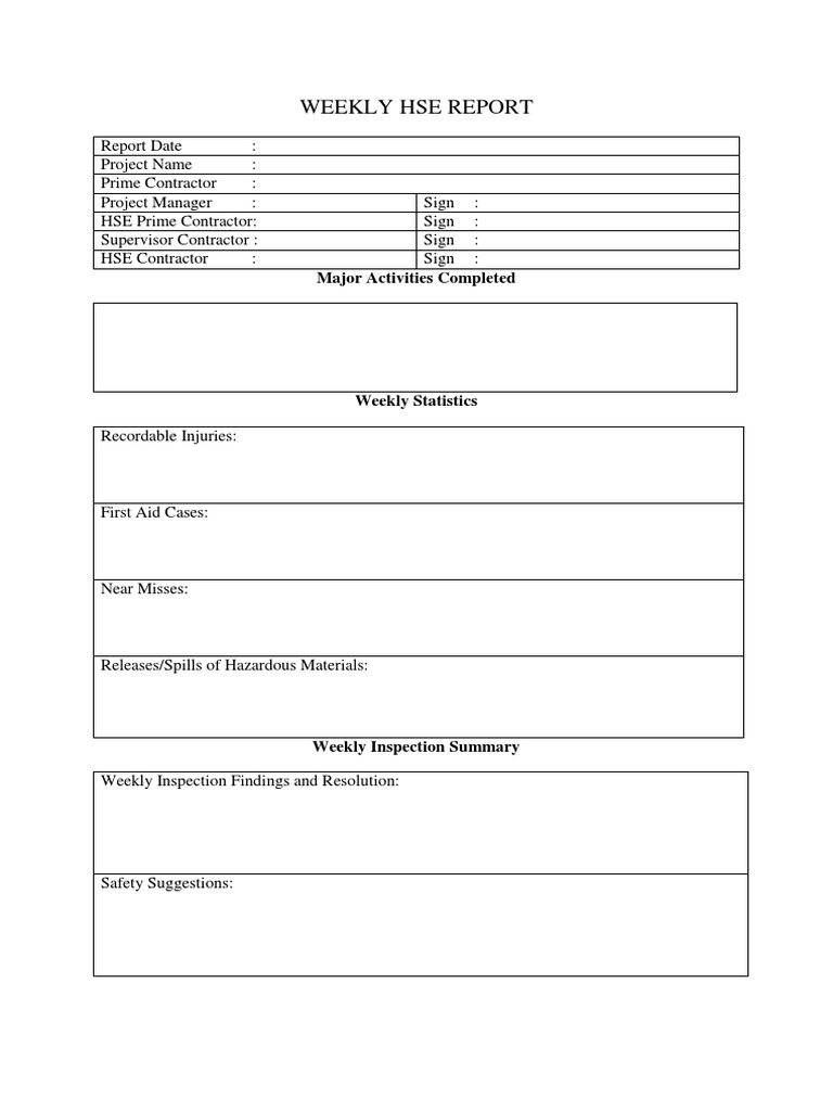 Weekly Hse Report: Major Activities Completed | PDF | Prevention ...