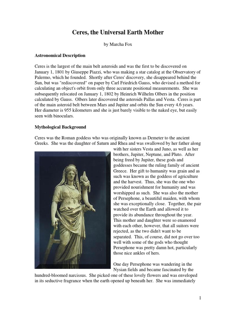 Ceres, The Universal Earth Mother: Astronomical Description | PDF ...