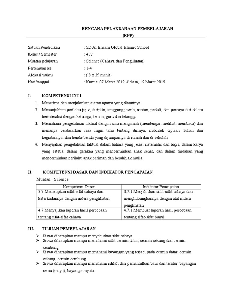 RPP IPA Kelas 4 Cahaya Dan Penglihatan | PDF