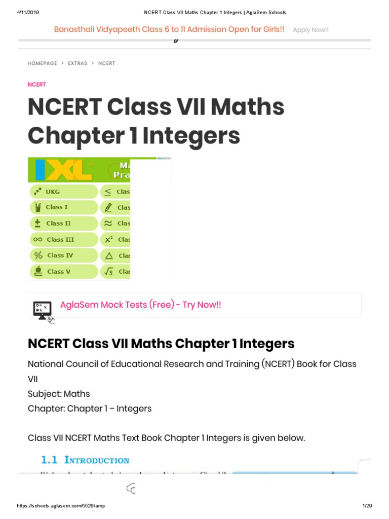 NCERT Class VII Maths Chapter 1 Integers - AglaSem Schools | PDF ...