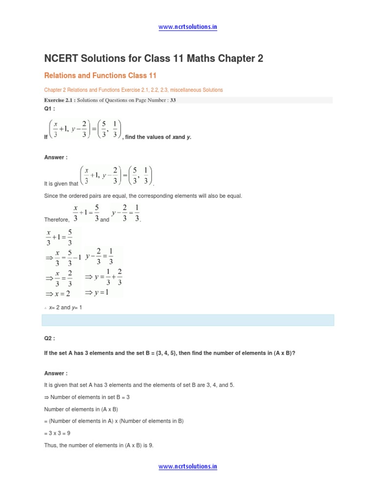 NCERT Solutions For Class 11 Maths Chapter 2: Relations and Functions Class 11 | PDF | Function ...