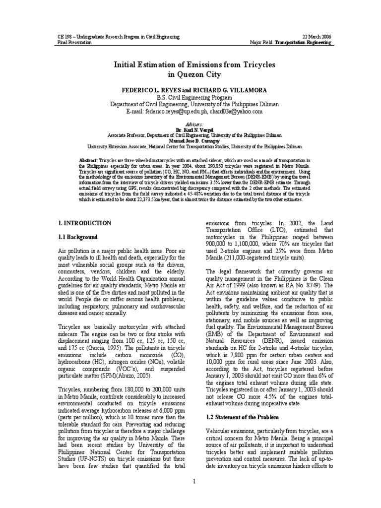 Emission of Motorcycles With Sidecar in Quezon City, Philippines | PDF | Emission Standard | Air ...