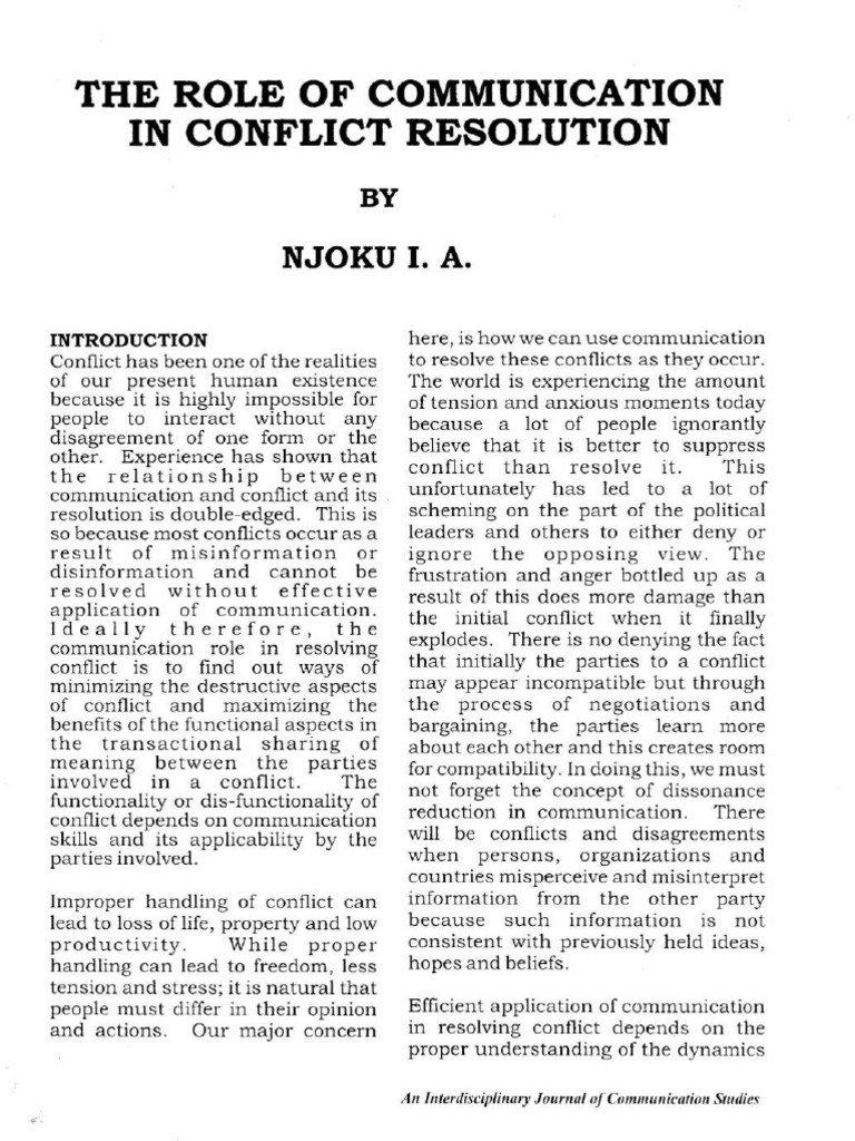 The Role of Communication in Conflict Resolution: Njoku I. A | PDF ...