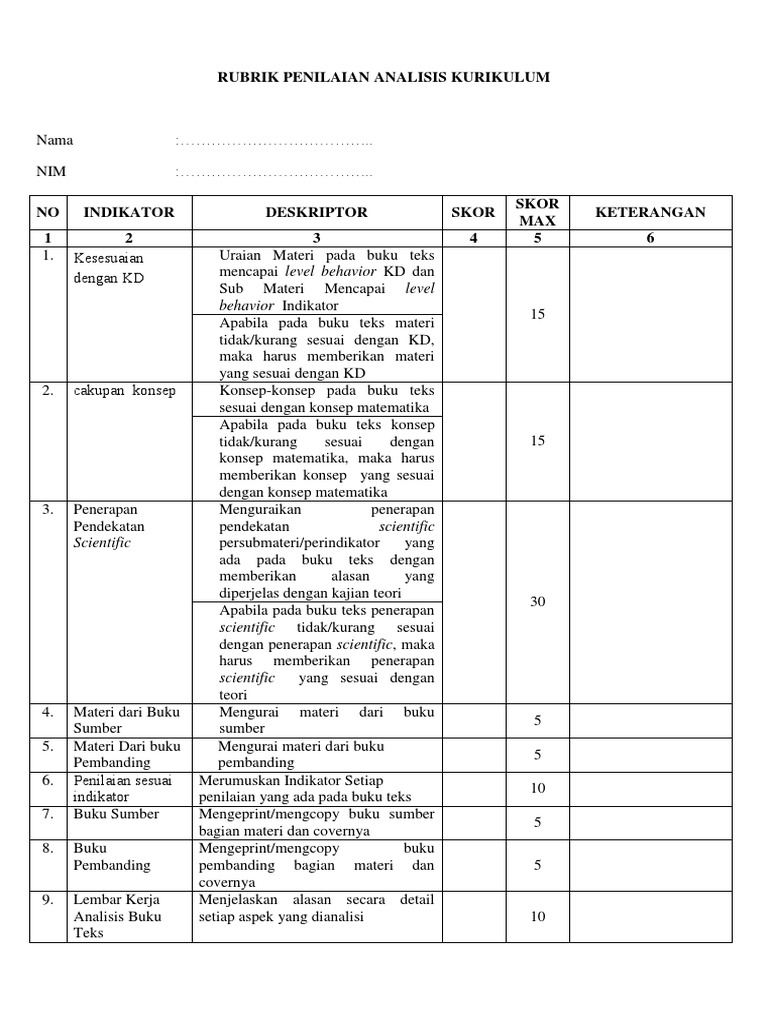 Rubrik Penilaian Analisis Buku Teks | PDF