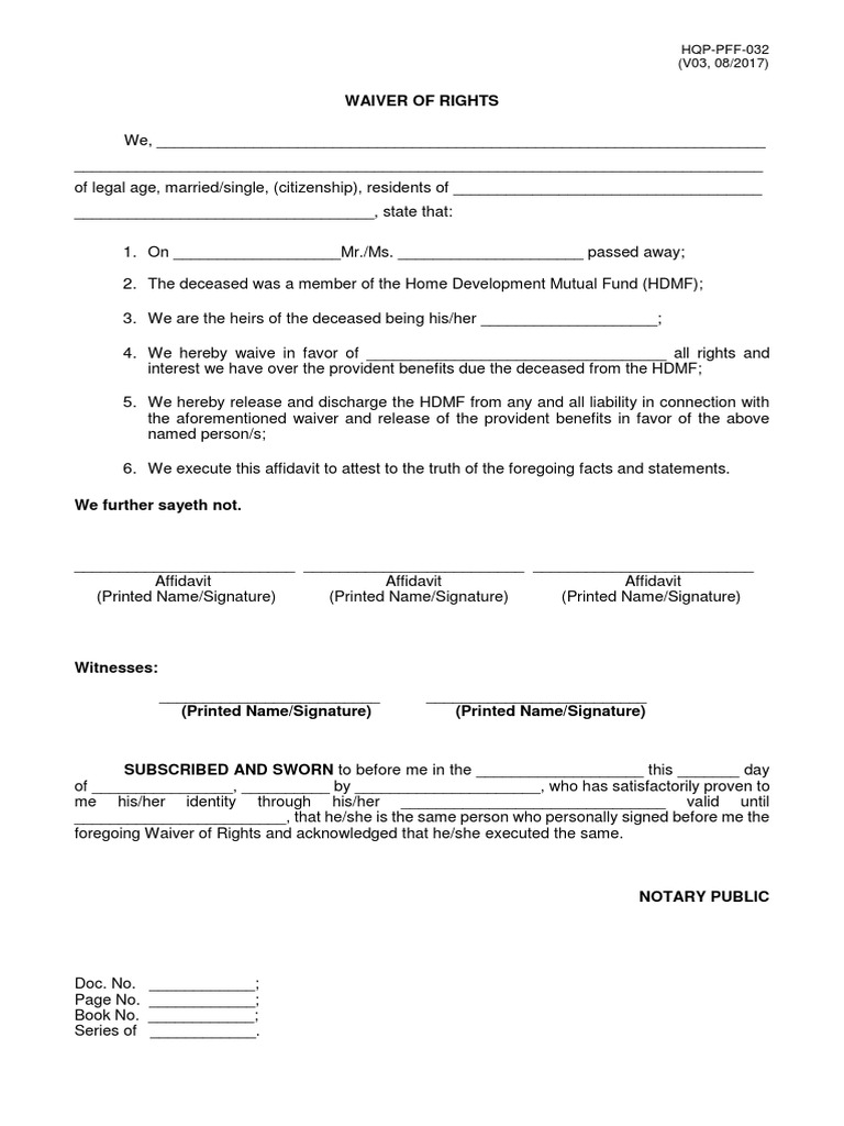 Waiver of Rights: HQP-PFF-032 (V03, 08/2017) | PDF