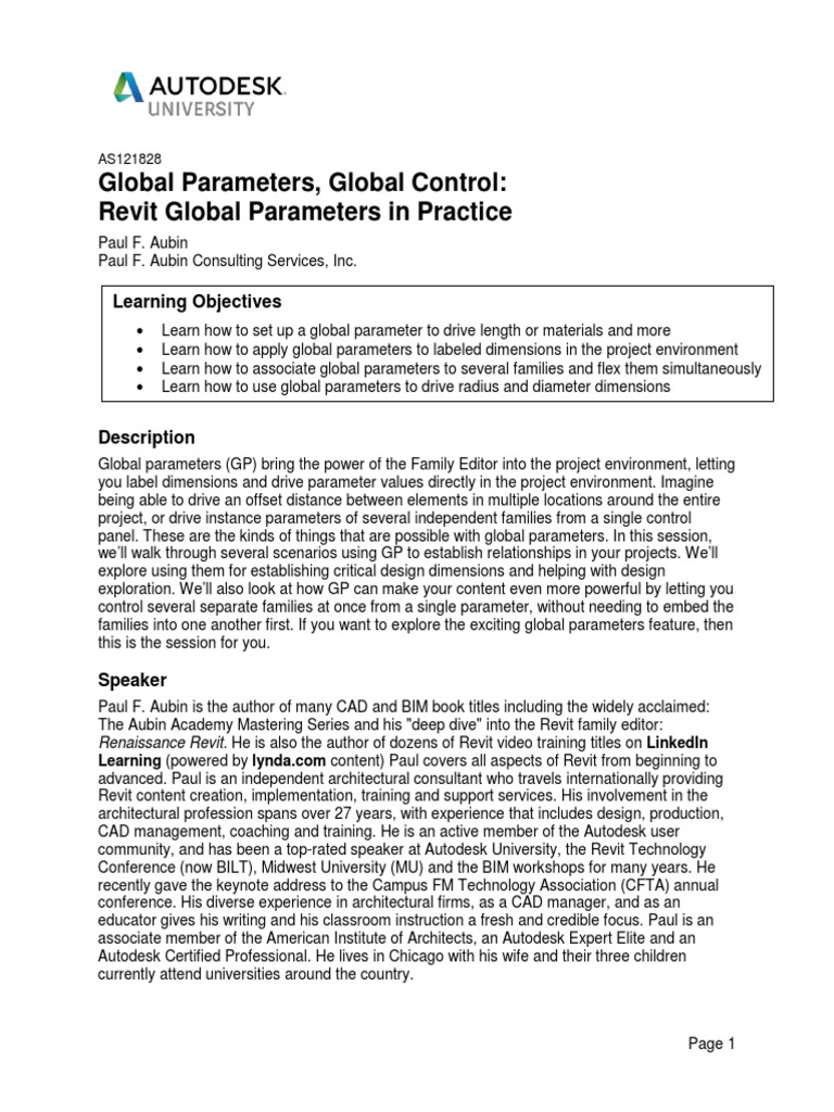 Class Handout As121828 Global Parameters Global Control Revit Global Parameters In Practice Paul 