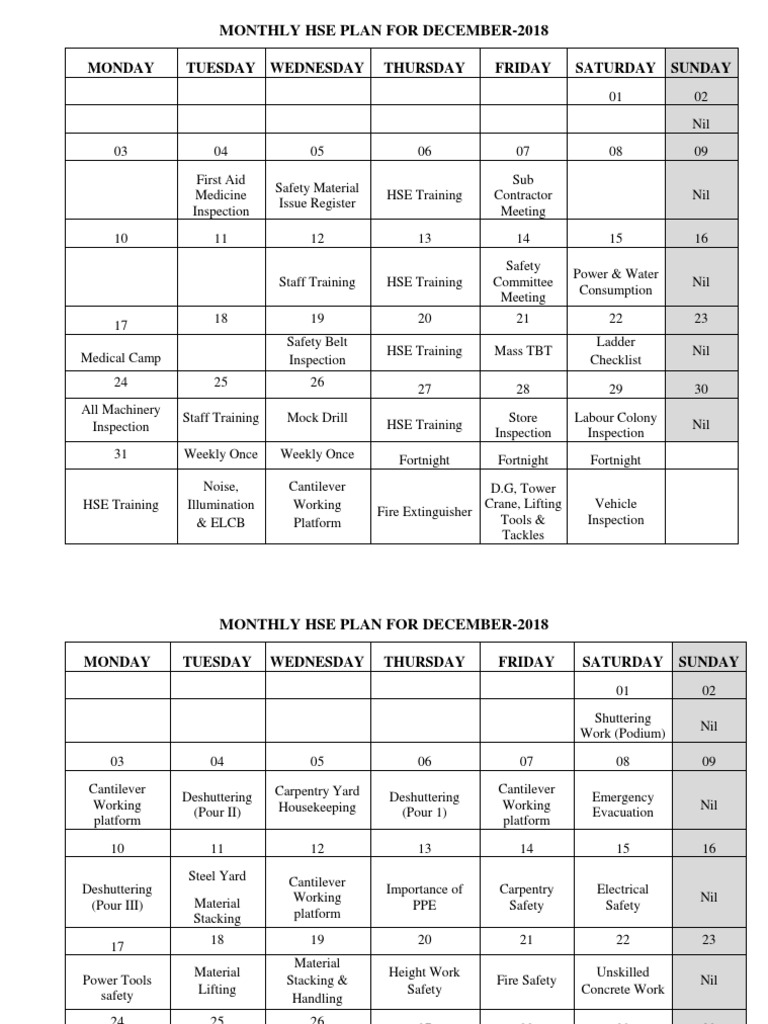 Monday Tuesday Wednesday Thursday Friday Saturday Sunday: Monthly Hse ...