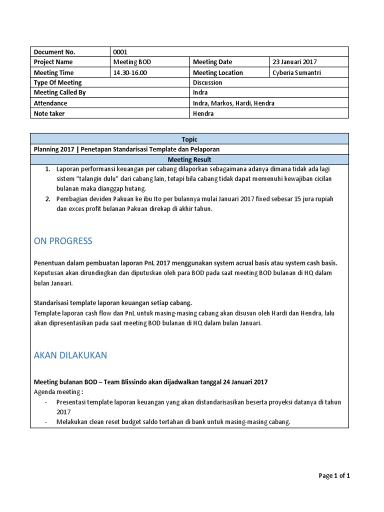 Contoh MOM Meeting Perusahaan | PDF | Pengelolaan Keuangan & Uang