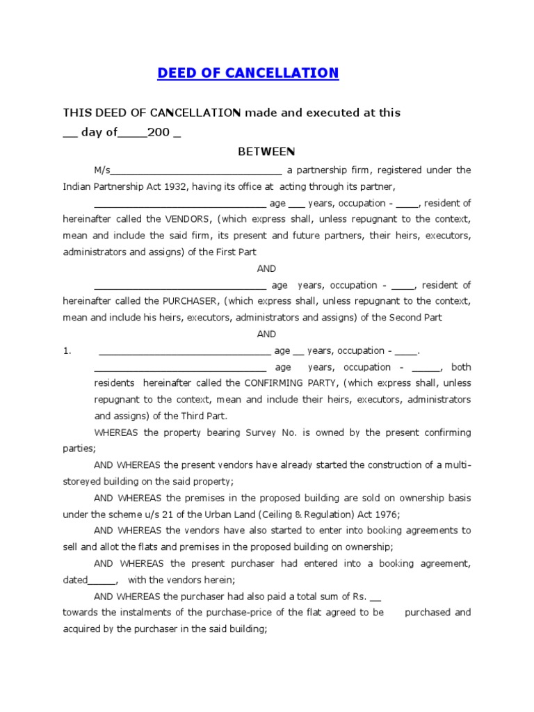 Deed of Cancellation: THIS DEED OF CANCELLATION Made and Executed at ...