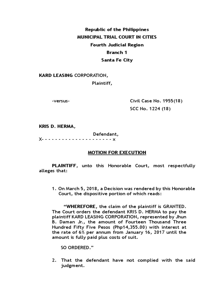 Municipal Court Motion Execution | PDF